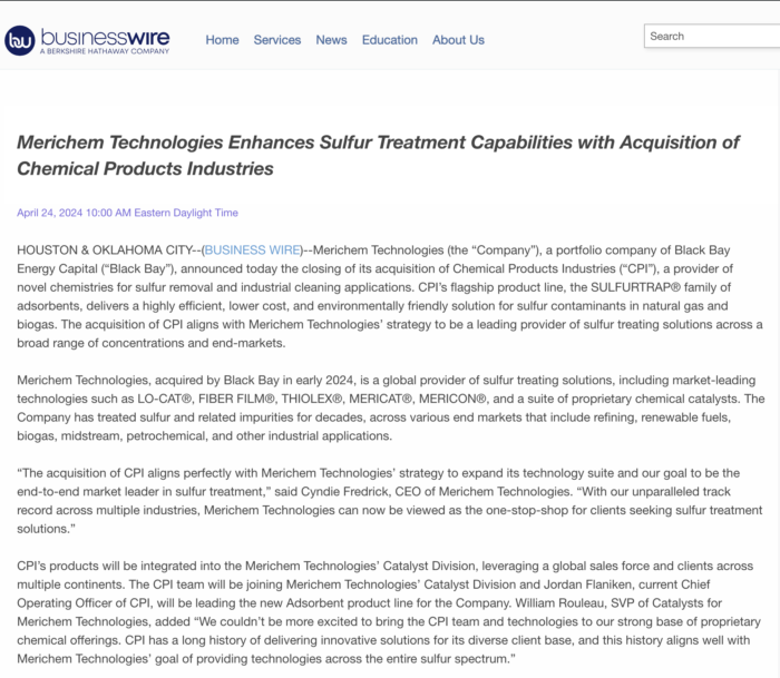 Merichem Technologies Enhances Sulfur Treatment Capabilities with ...